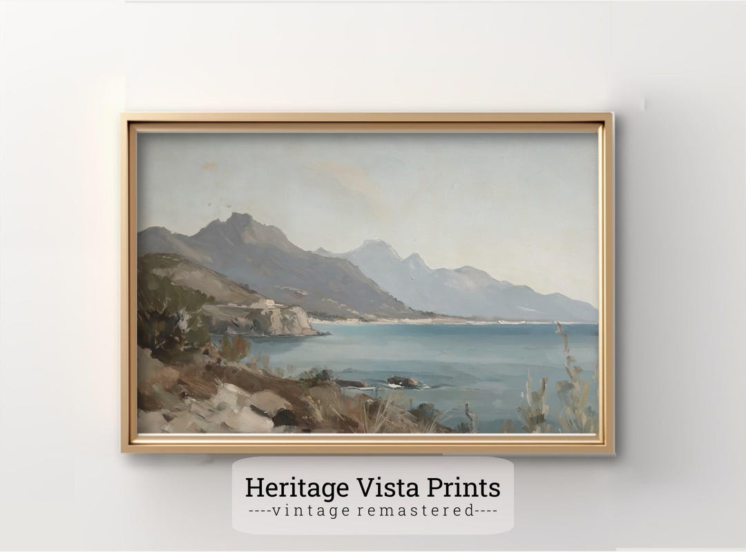 Coastal Mountain Seascape Painting: Vintage Style Art Print (digital ...