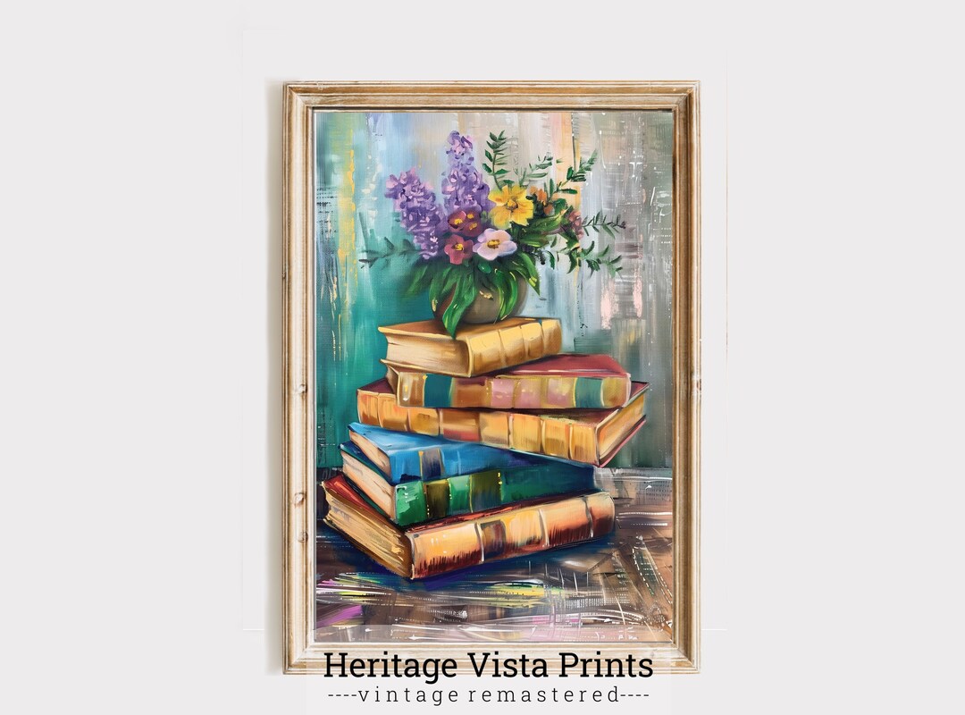 Vintage Books and Flower Wall Art | Stack of Books Canvas Print ...