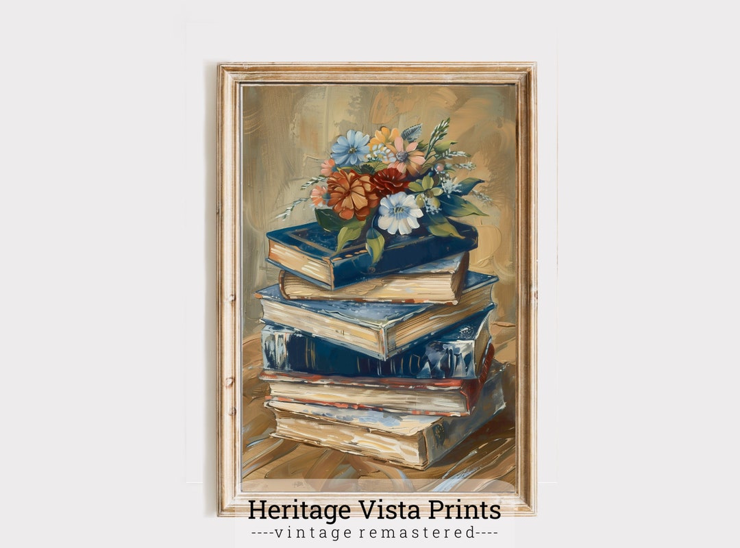 Vintage Books Wall Art | Floral Book Stack Print | Home Library Decor ...