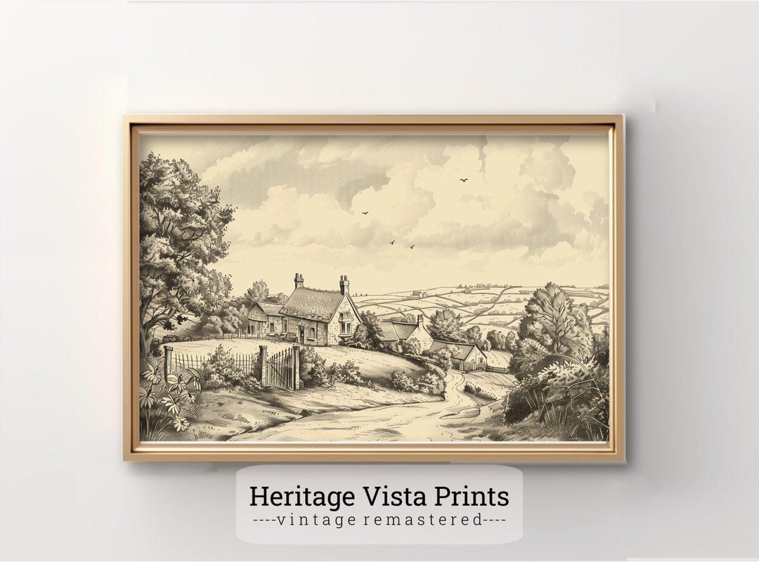 Vintage English Cottage Print: Rustic Farmhouse Landscape (digital ...
