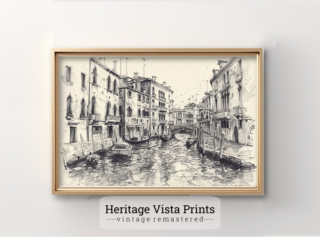 European Canal Line Art Print: Vintage Cityscape (digital Download) - Etsy