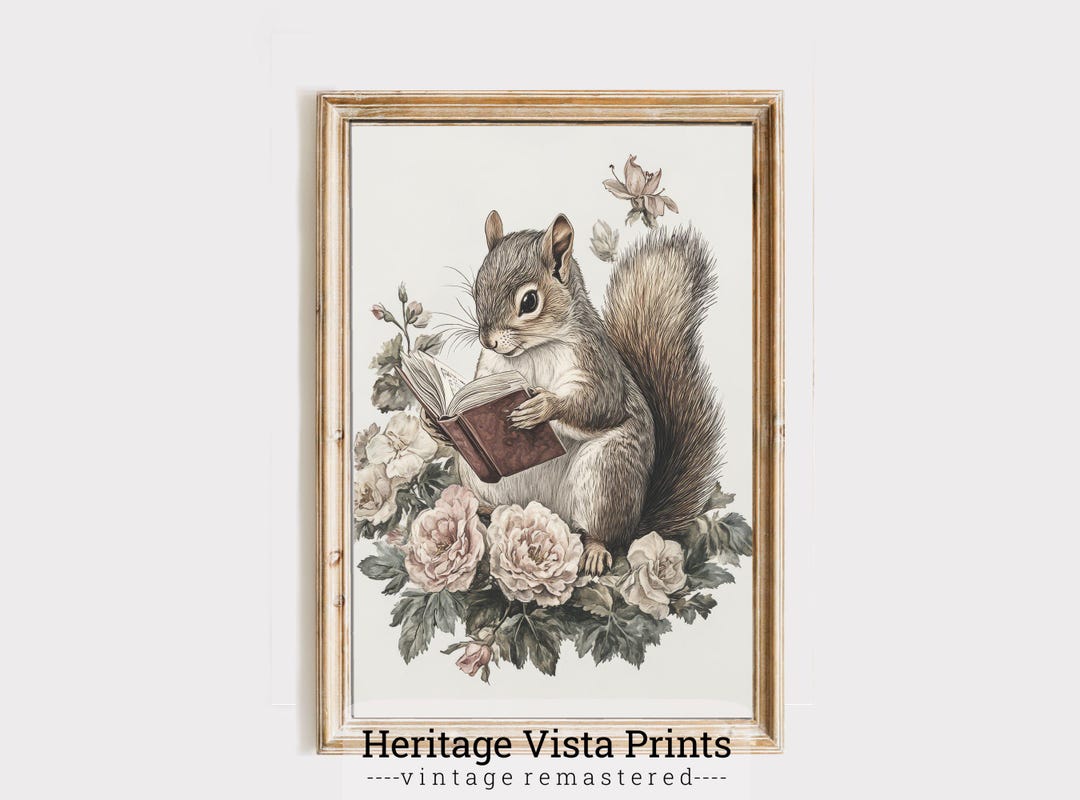 Cute Squirrel Reading Book Illustration, Floral Vintage Style Wall Art ...
