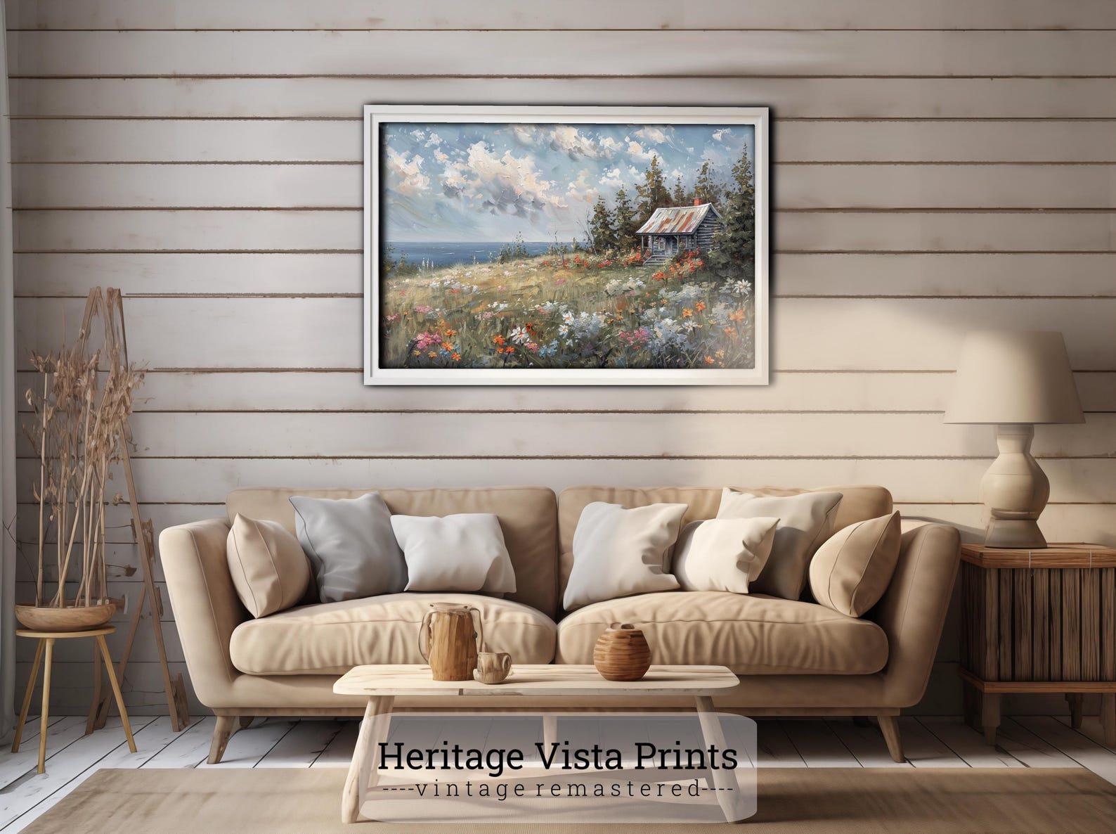 Rustic Cabin Landscape | Wildflower Meadow Coastal Wall Art | Peaceful ...