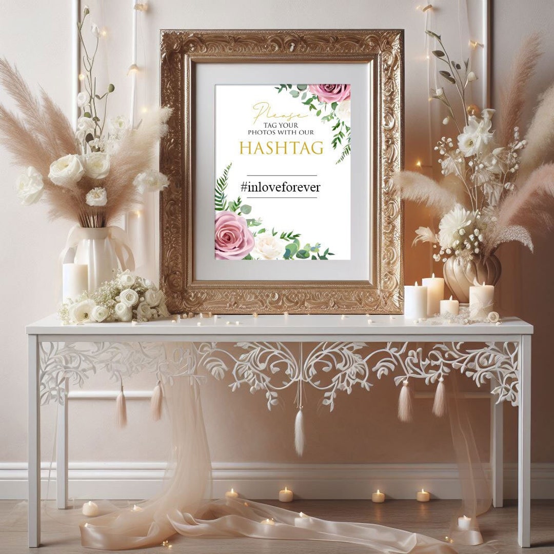 Pink Floral Wedding Hashtag Sign, Printable 8x10 PDF File, Wedding Sign ...