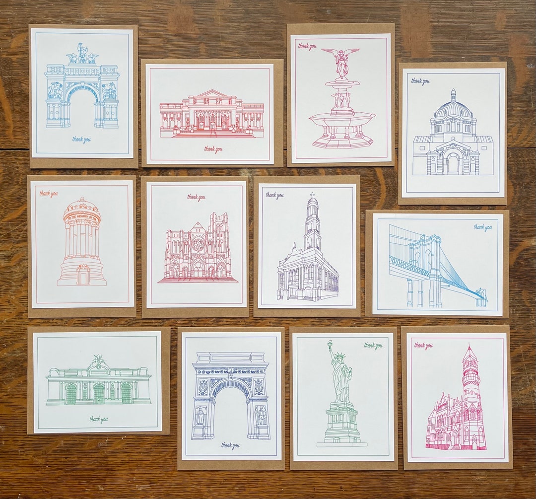 New York City Architecture Themed Thank You Note Card Set of 12, Folded ...