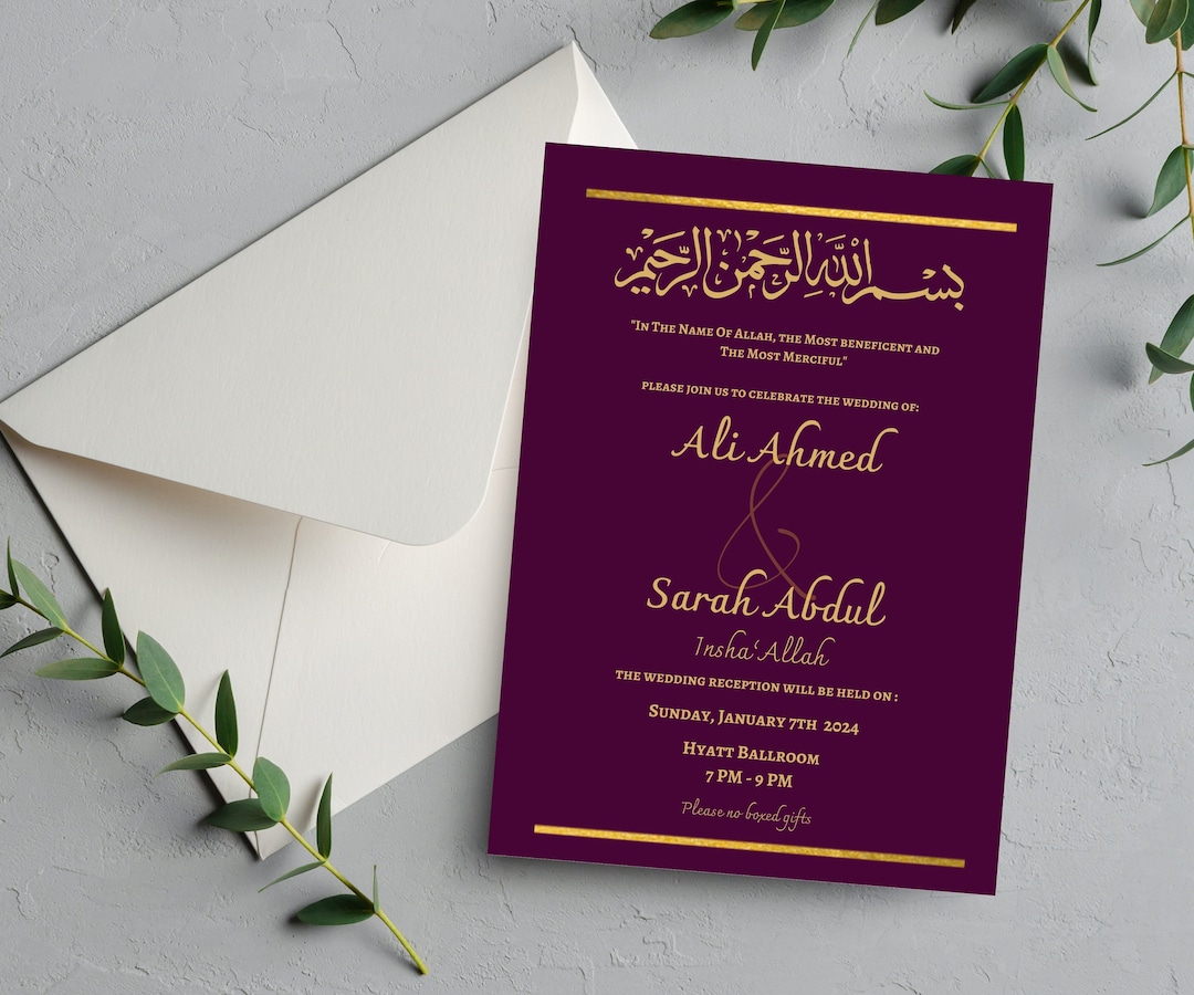 Editable Nikkah Invitation Front & Back, Plum and Gold, Muslim Design ...