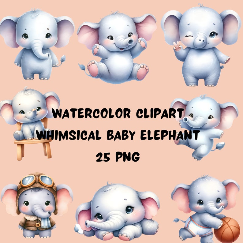 Watercolor Whimsical Baby Elephant - Printable Nursery Wall Decor ...