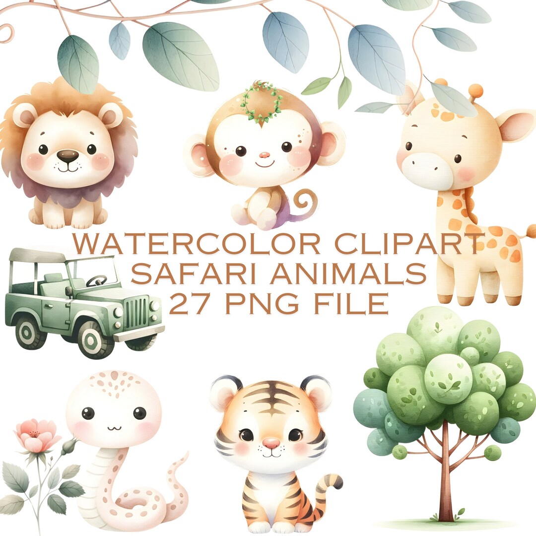 Safari Animals Watercolor Clip Art, Jungle Animals Clip Art, Neutral ...