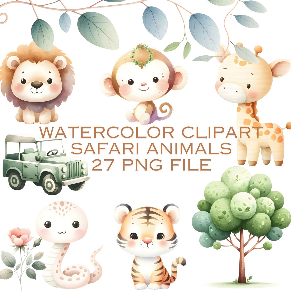Safari Animals Watercolor Clip Art, Jungle Animals Clip Art, Neutral ...