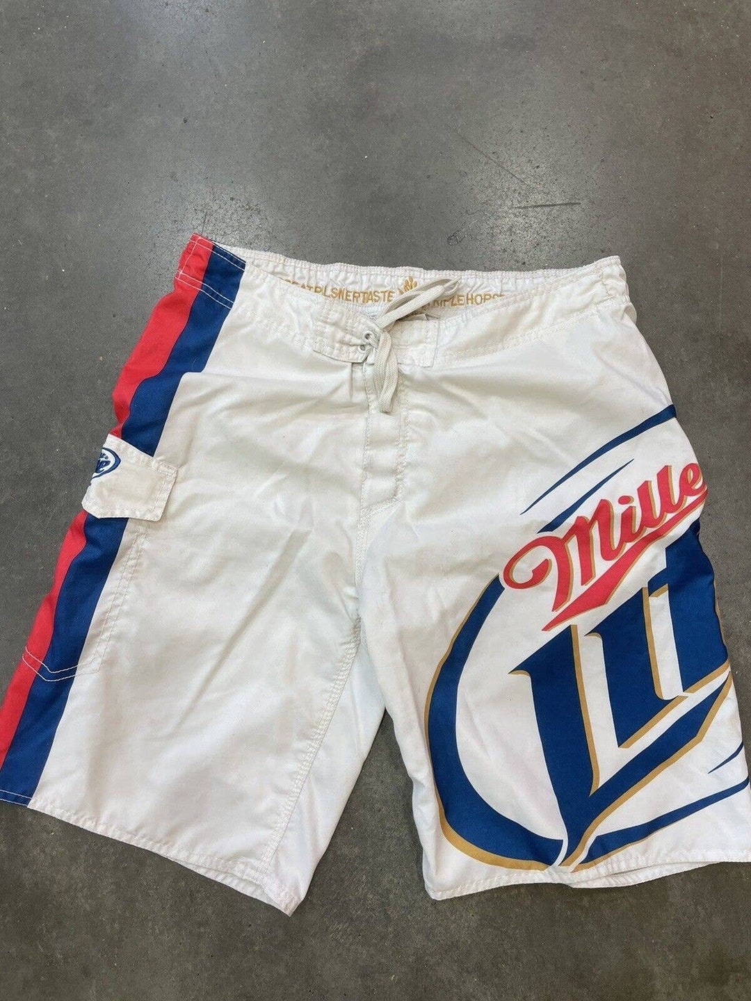 Miller Lite Board Shorts Mens 34 White Blue Red Beer Logo Swim Trunks ...
