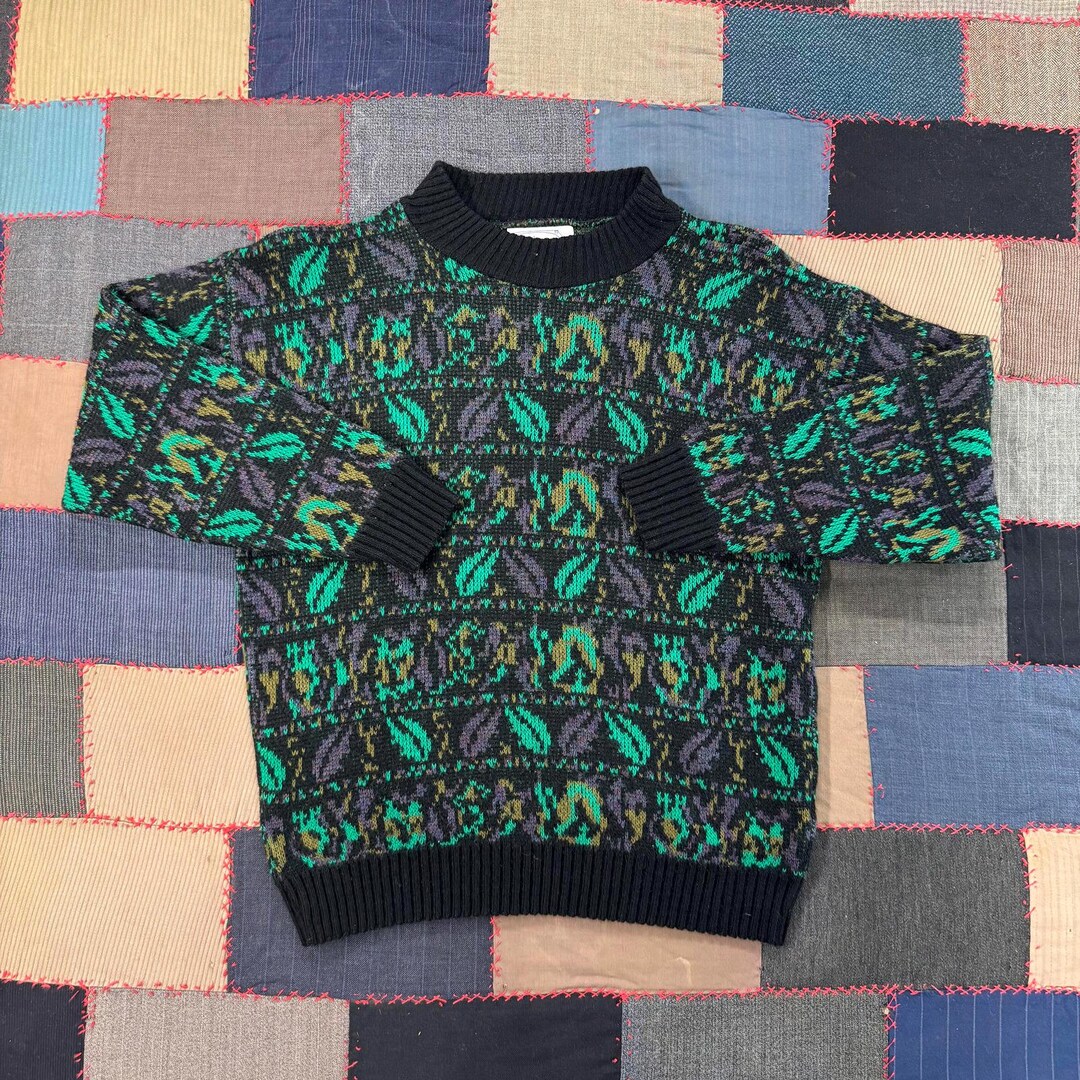 Vintage 80s Burlington Shetland Wool Sweater Trippy Forest Green Made ...