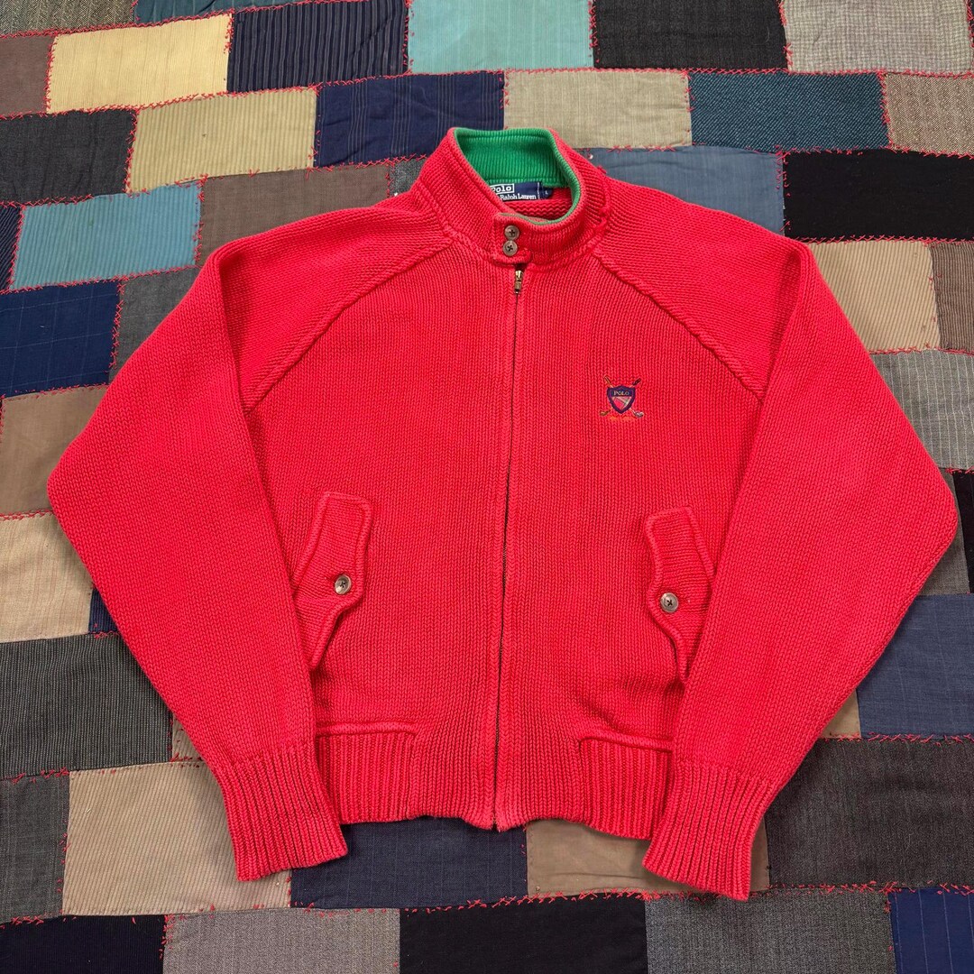 Vintage 90s Polo Ralph Lauren Red Full Zip Knit Sweater Bold Crest Logo ...