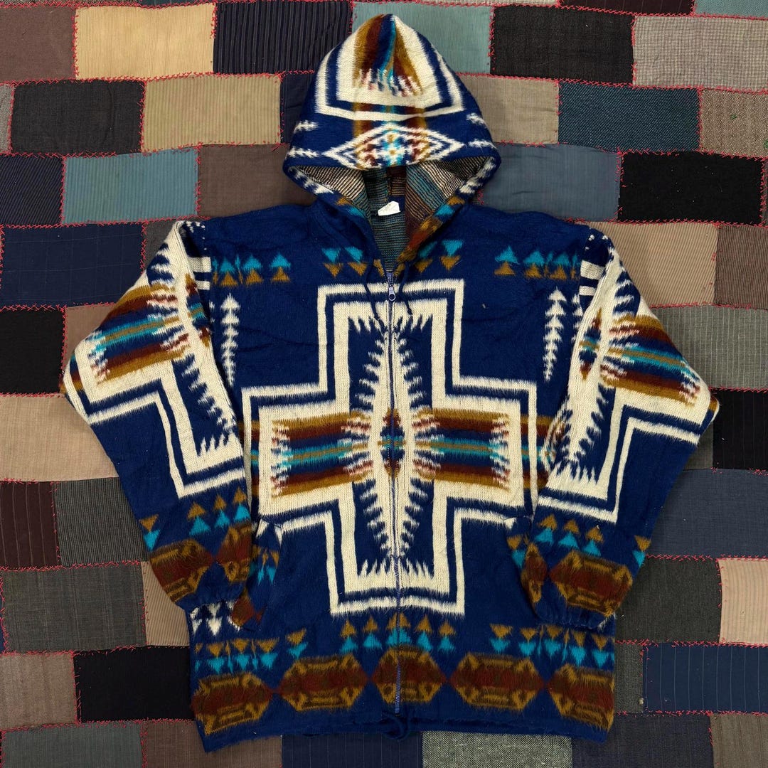 Vintage Ecuadorian Wool Hooded Jacket Aztec Southwestern Faded Retro ...