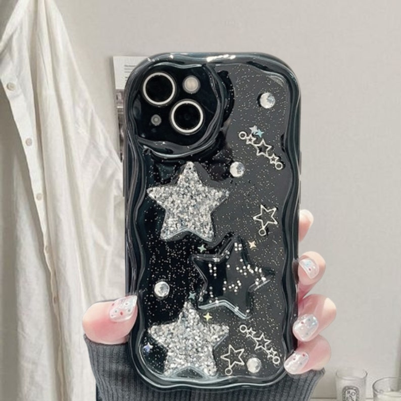 Sparkling Star 3D Black Grey Phone Case, Y2K Korean Silver Star Phone ...