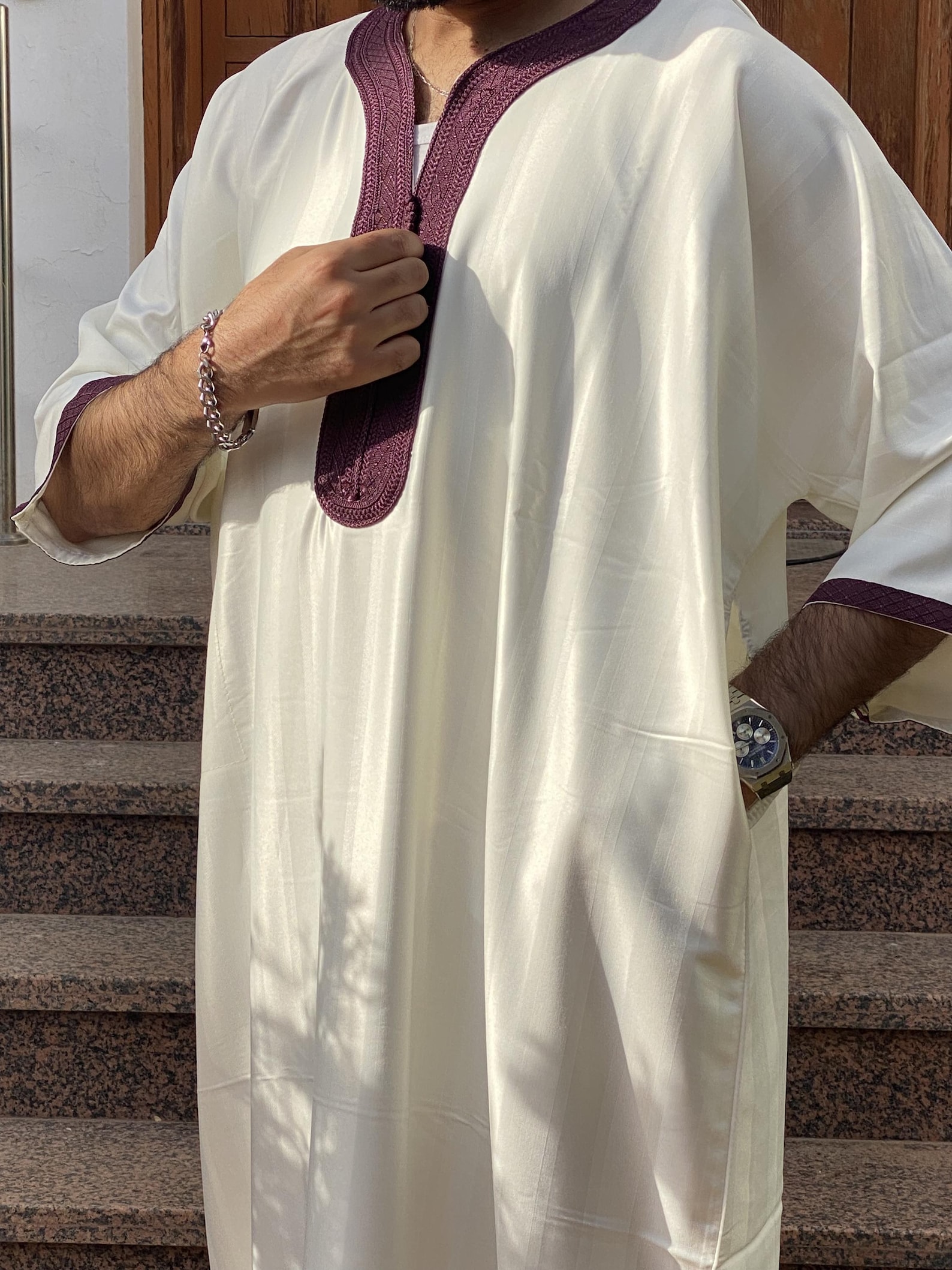 Elegant White Moroccan Kaftan for Men With Plum Embroidery Traditional ...