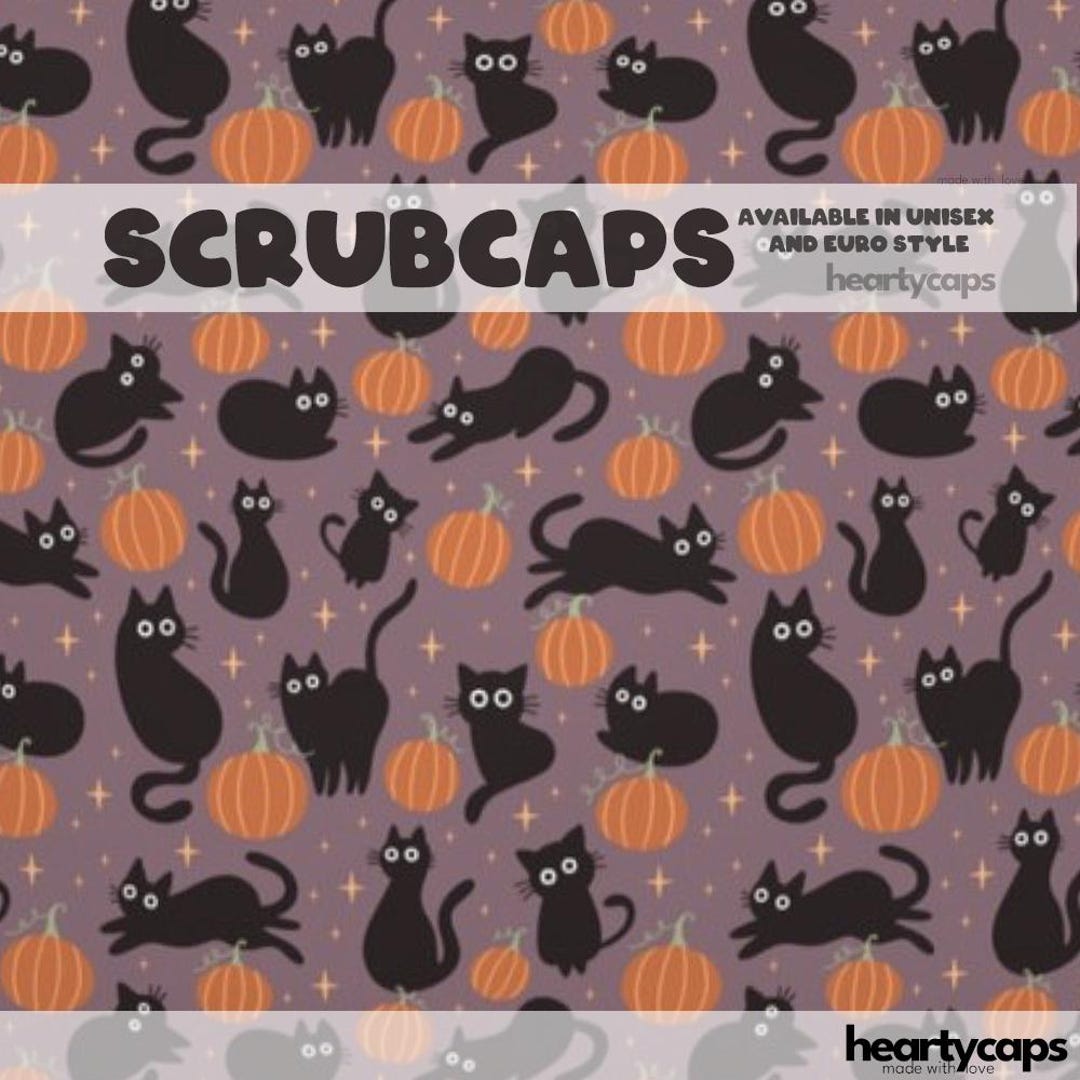 Halloween Purple Cat & Pumpkin Euro Scrub Cap, Adjustable Scrub Cap ...