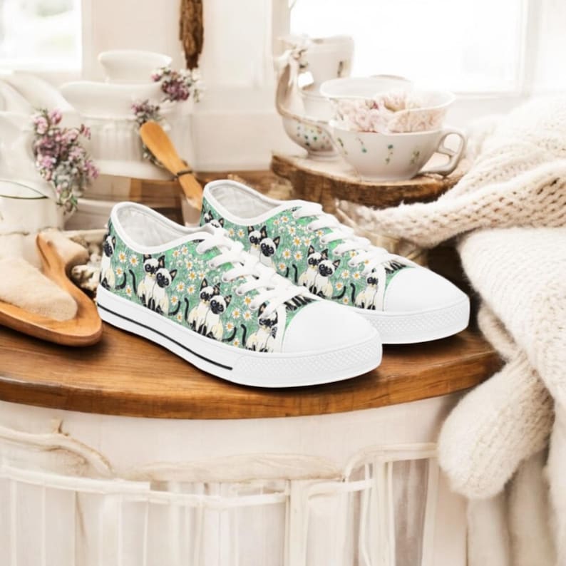Siamese Cat Sneakers for Women Cottagecore Kittycore Floral Walking ...