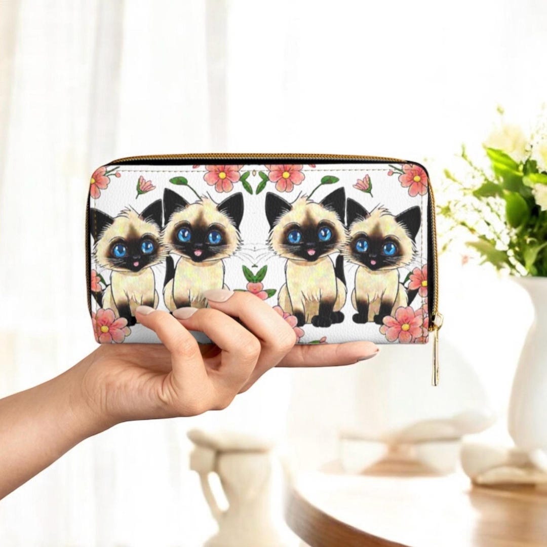 Siamese Cat Wallet With Floral Print and Blue Eyed Cartoon Kitties ...