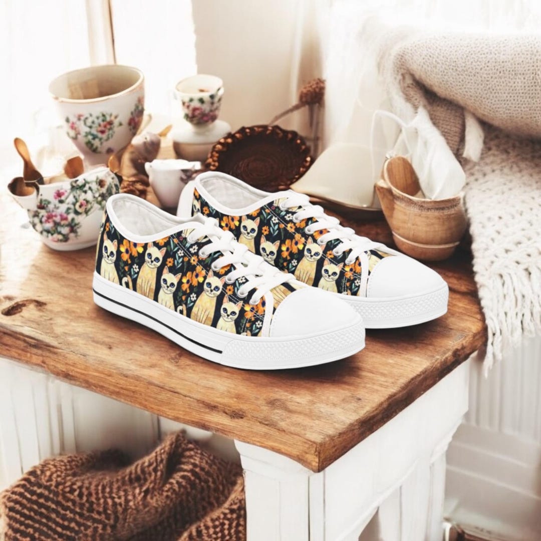 Siamese Cat Sneakers for Women, Cute Kitty Print Lace up Canvas Shoes ...