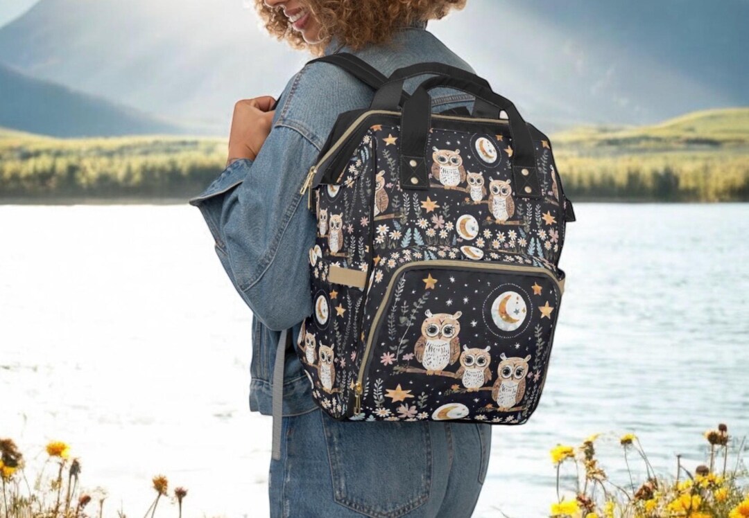 Cute Owl Moon Stars Backpack - Celestial Owl Print Travel Bag ...