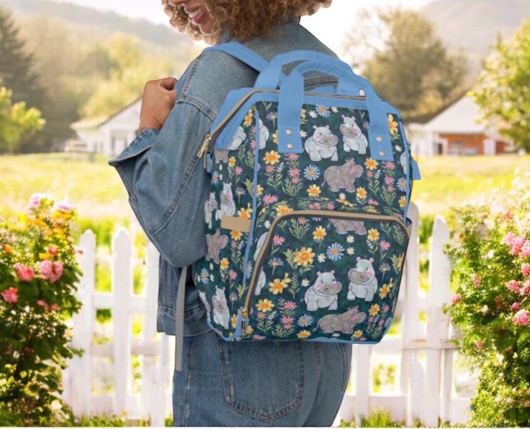 Floral Hippo Travel Backpack - Cute Daisy Print Book Bag With Pockets ...