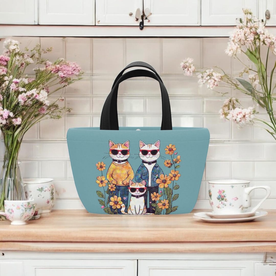 Kawaii Cat Lunch Bag Insulated Lunch Tote Floral Cat Lover Lunch Box ...