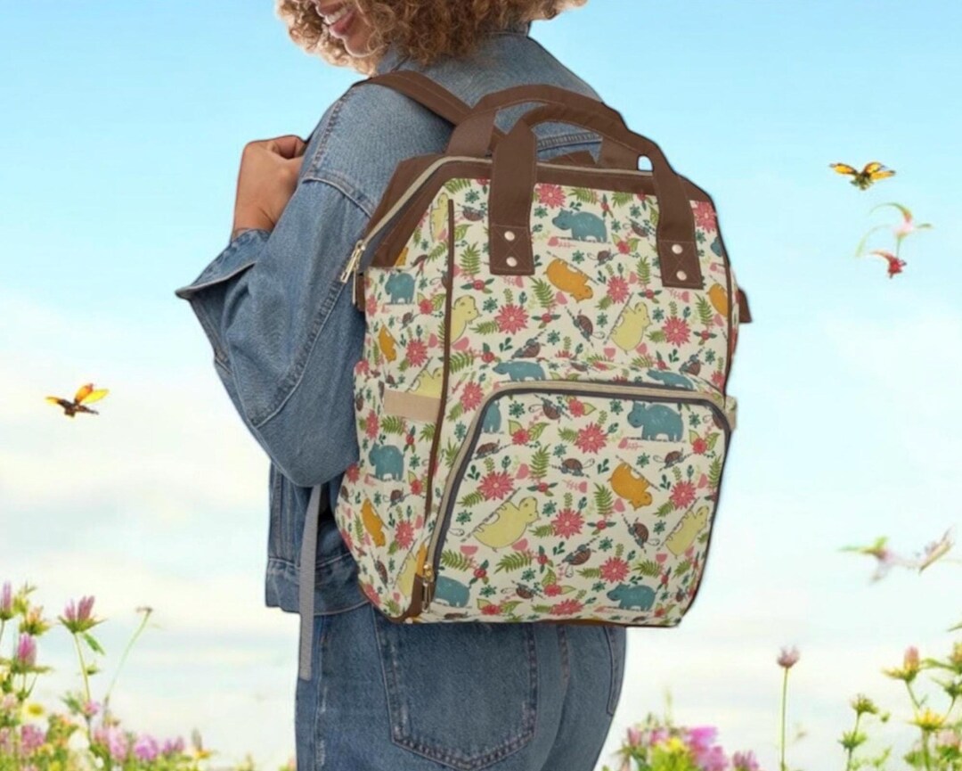 Hippo and Turtle Kawaii Cottagecore Backpack, Floral Animal Print ...