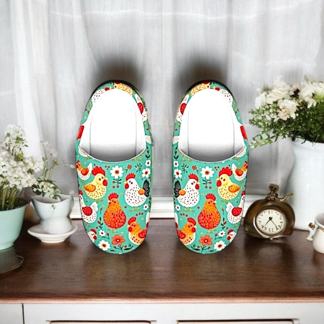 Colorful Chicken Slippers for Women, Bright Rooster House Shoes, Folk ...
