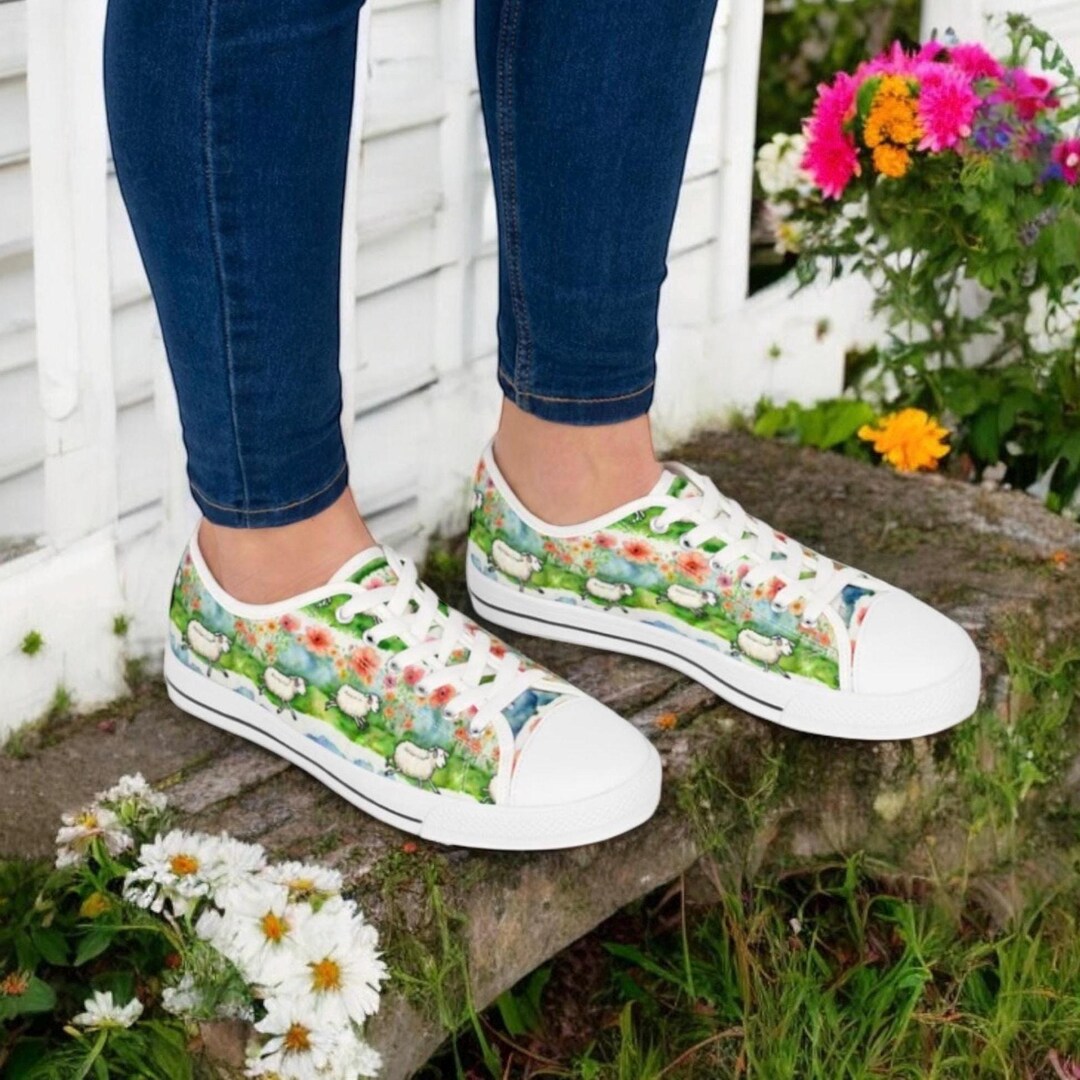 Cottagecore Sheep Sneakers for Women With Floral Pasture Print, Farm ...