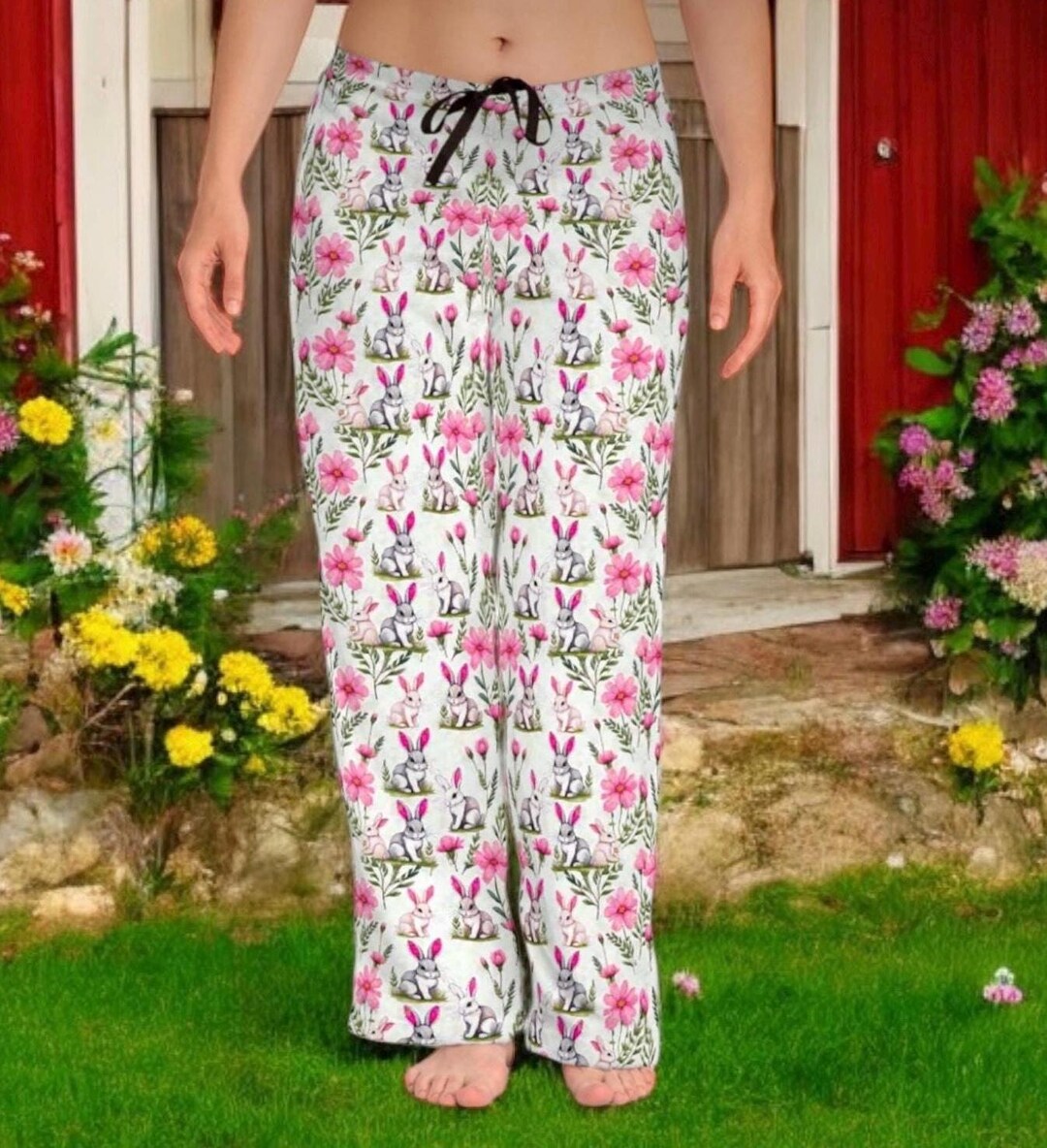 Pink Floral Pretty Bunny Rabbits Womens Pajama Pants, Cute Bunnies ...