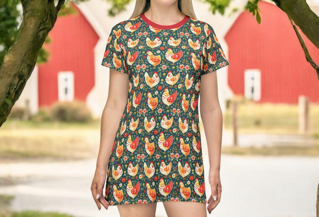 Boho Chicken Farm Animal Dress With Artistic Barnyard Print, Women’s ...