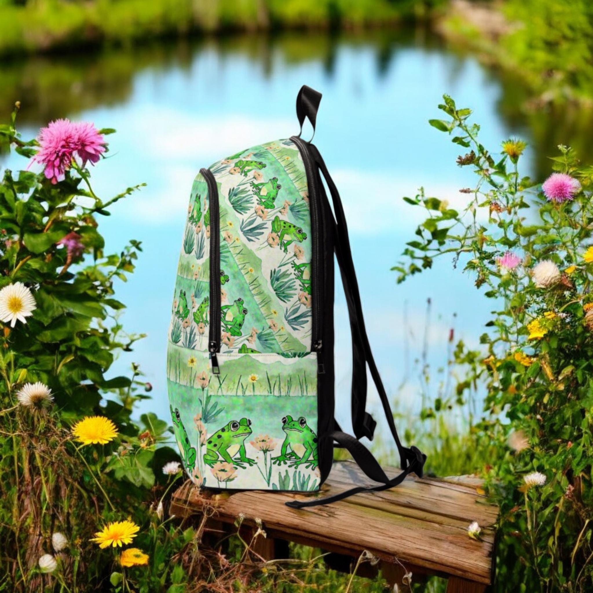 Bullfrog Floral Print Backpack - Green Frog Botanical School Bag ...