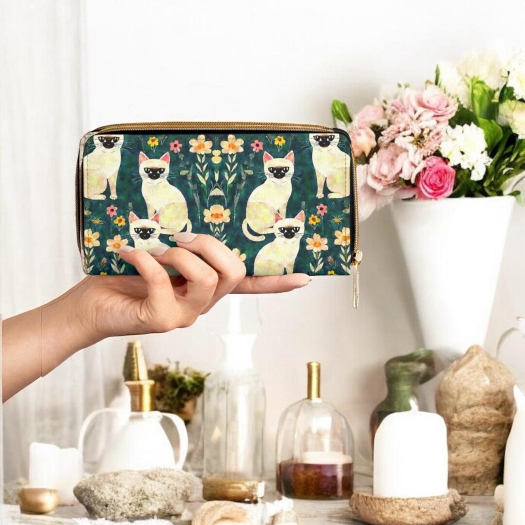 Siamese Cat Botanical Wallet for Women, Vintage Garden Kitty Zip Around ...