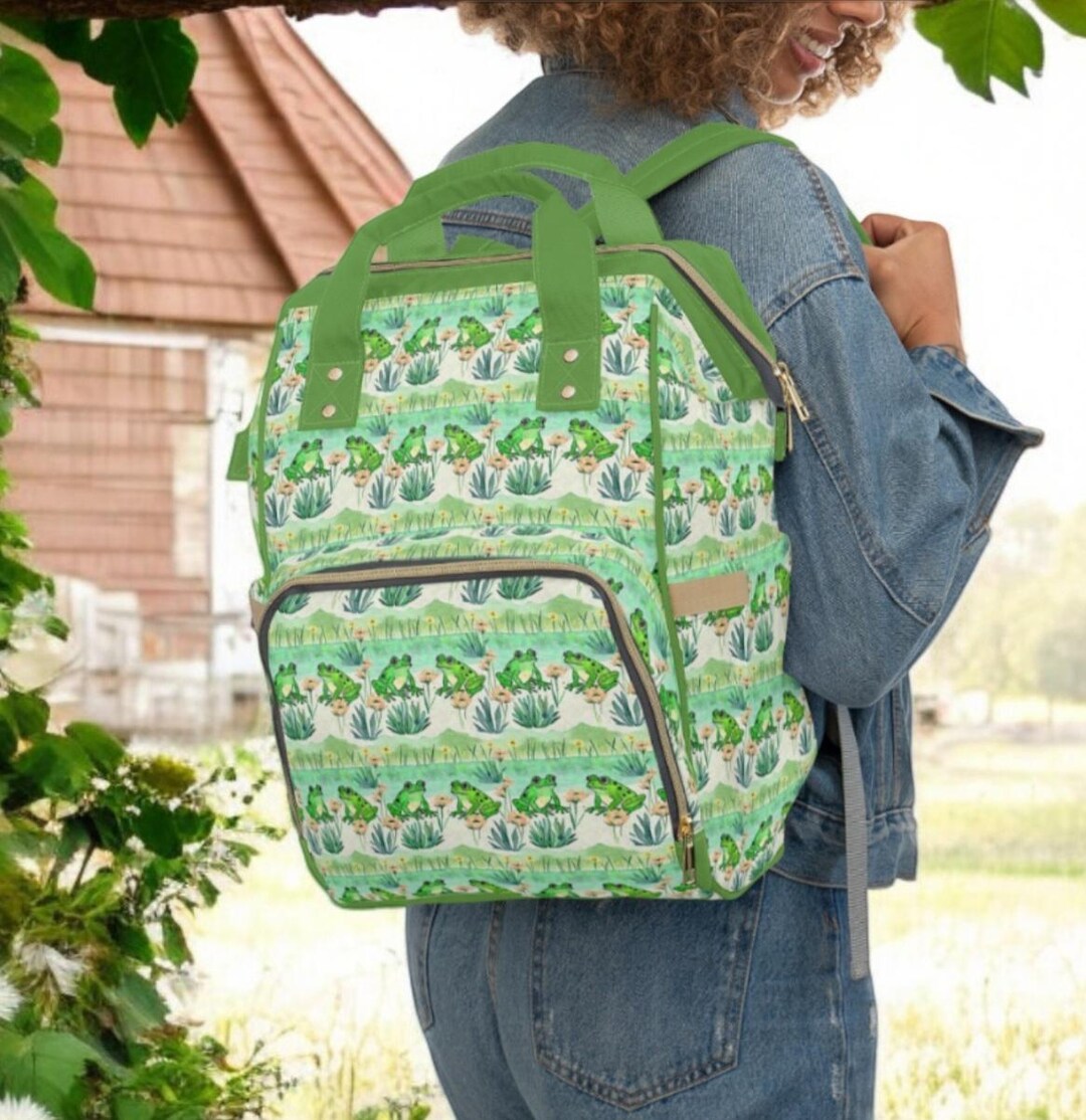 Bullfrog Backpack for Women – Green Frog Pattern Canvas Bag With ...