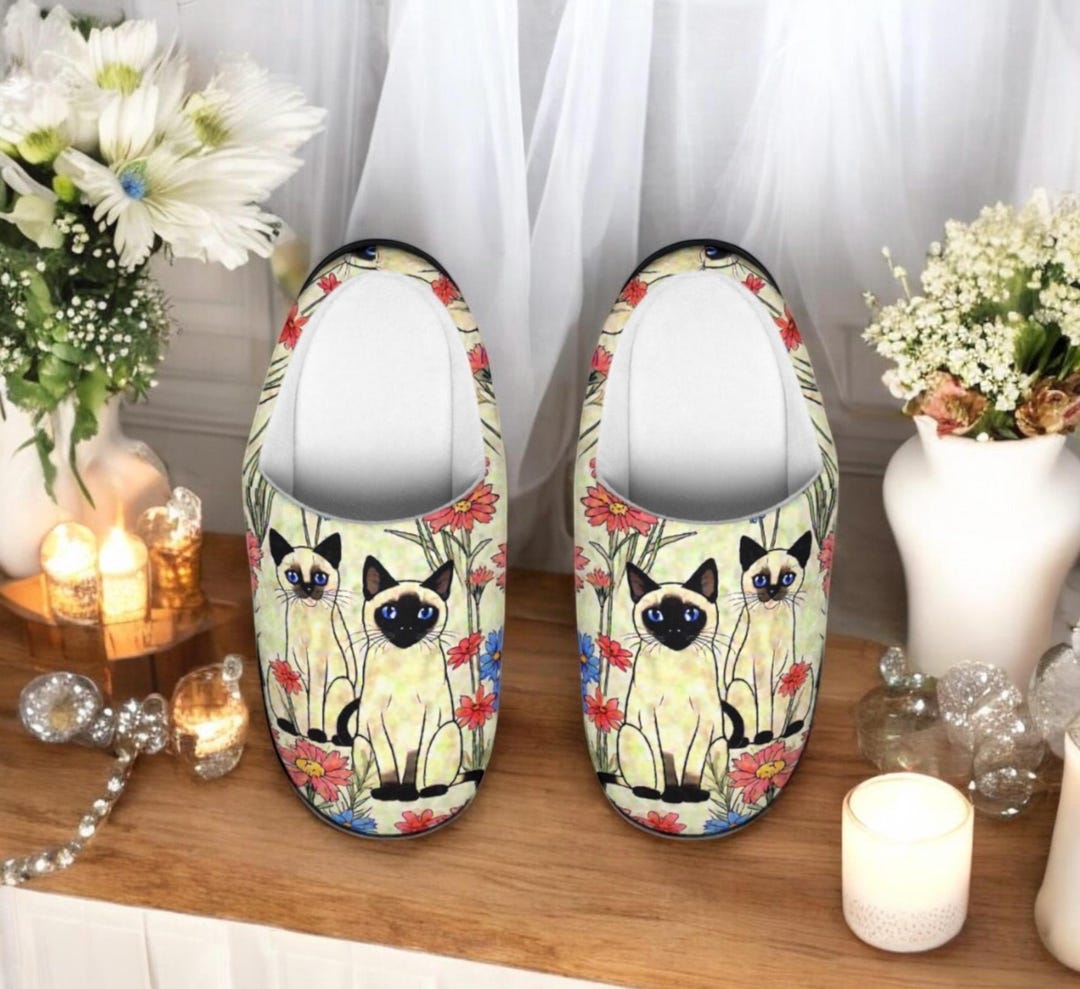 Cute Siamese Cat Slippers for Women, Cozy Kitty Print Bedroom House ...