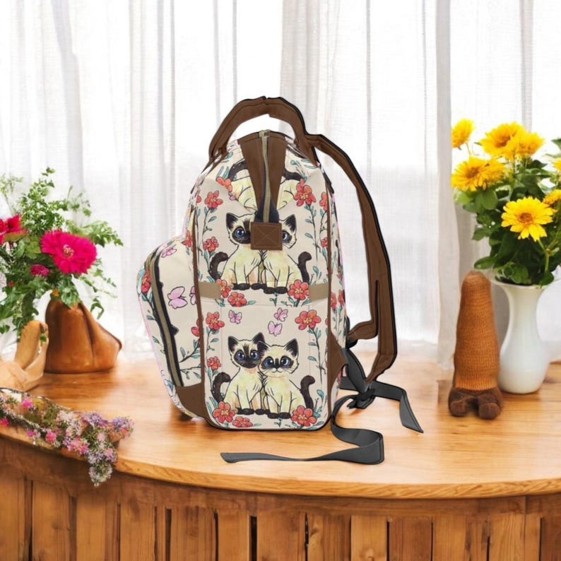 Cat Backpack With Siamese Cats Artwork, Cottagecore Kittycore Aesthetic Floral Backpack, Cute ...