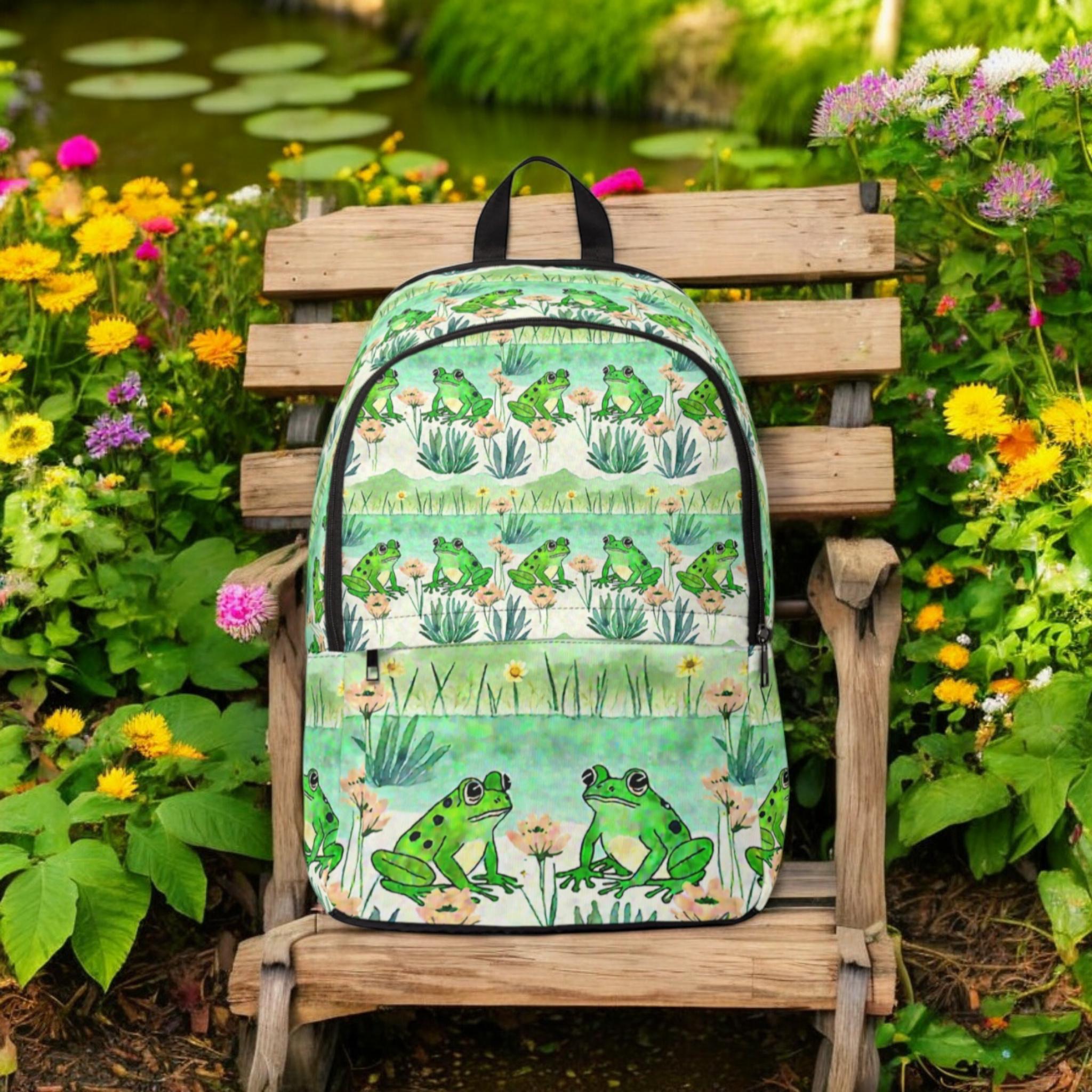 Bullfrog Floral Print Backpack - Green Frog Botanical School Bag ...