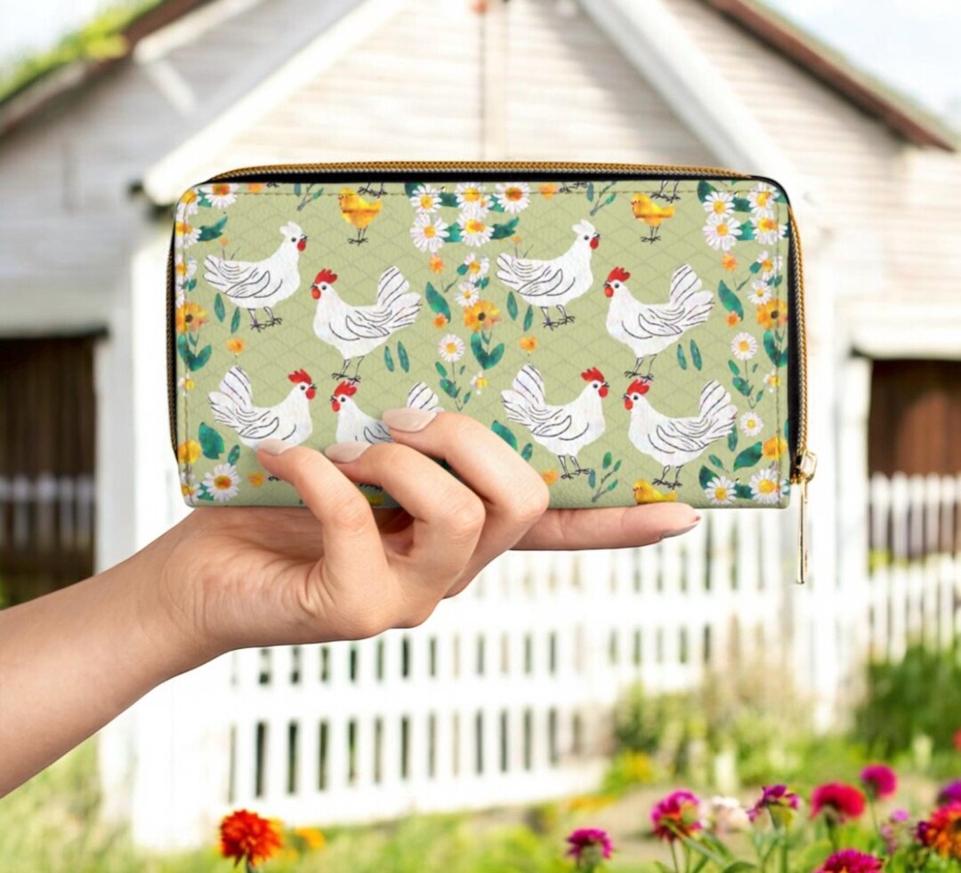 Sage Green Chicken Wallet for Women - Cottagecore Zip Around Floral Hen ...