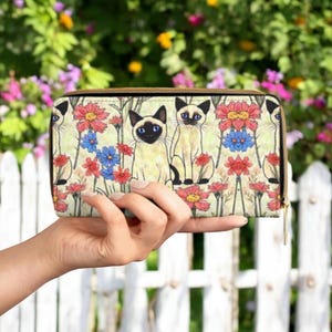 Siamese Cat Wallet With Whimsical Botanical Flower Print for Cat Lover ...