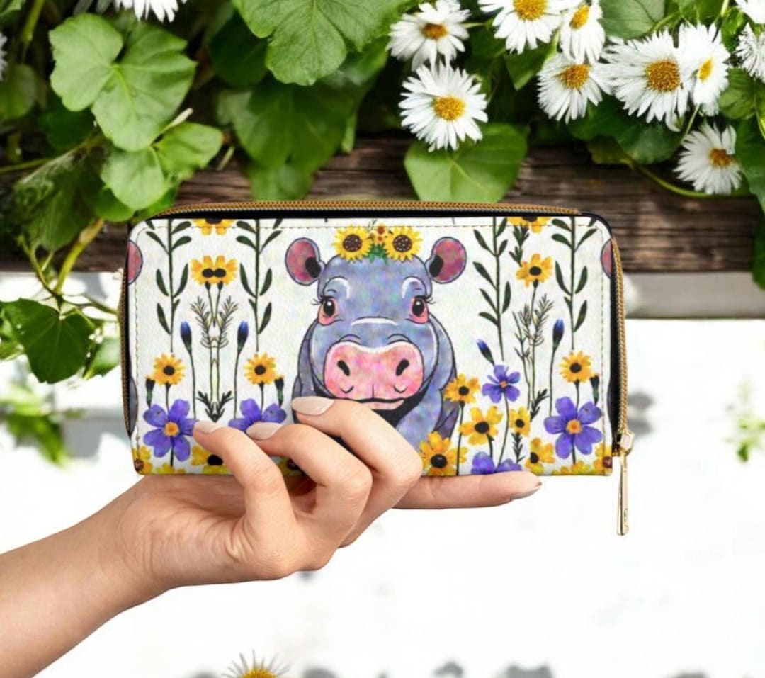 Hippo Wallet for Women Cute Floral Hippo Zip Wallet Vegan Leather ...