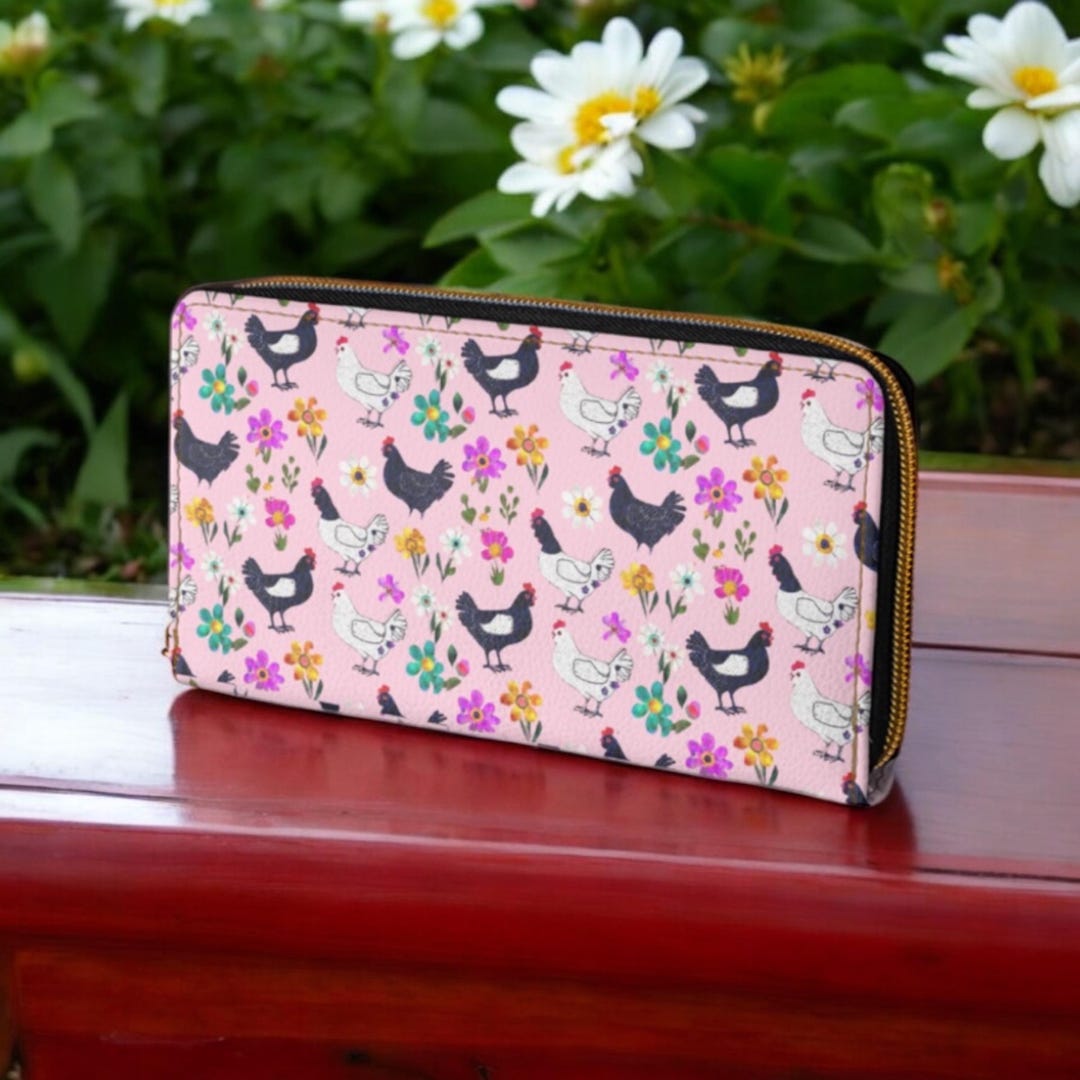 Pastel Pink Chicken Floral Zip Wallet – Vegan Leather Hen Garden Clutch ...