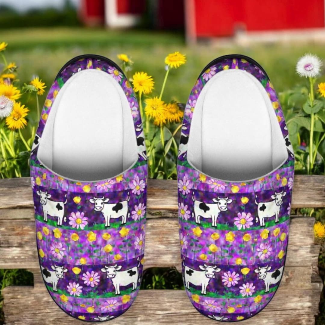 Purple Cow Print Slippers Women Holstein Cow Floral Slippers Cozy ...