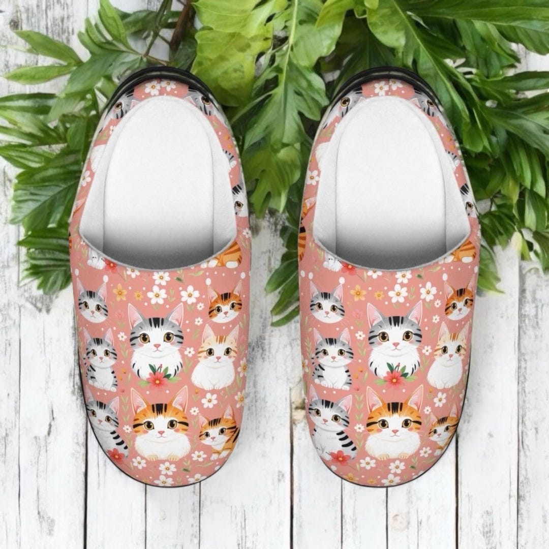 Pink Cat Print Womens Slippers, Cozy Indoor House Shoes With Cute Tabby ...