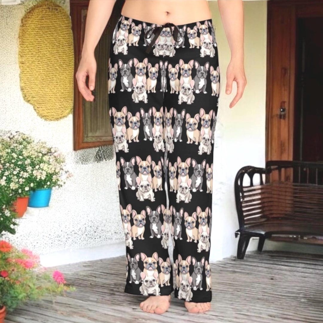 French Bulldog Pajama Pants for Adults, Black Dog Lover Sleepwear With ...