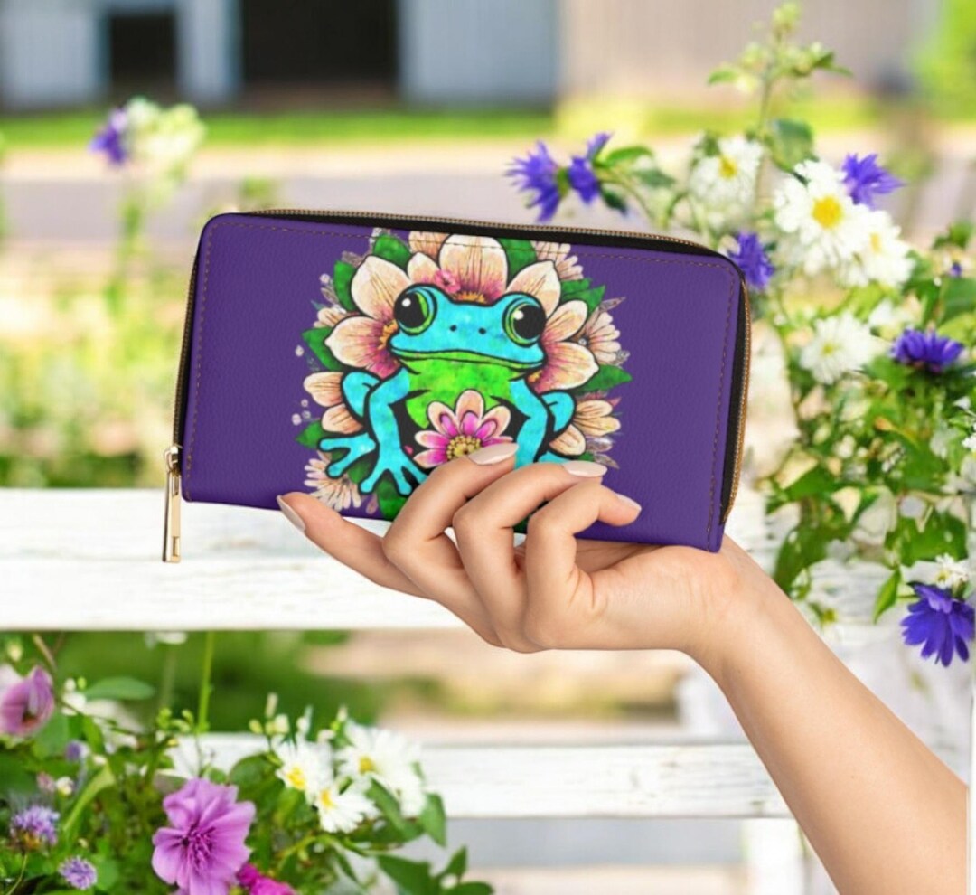 Zipper Wallet, Purple Frog Vegan Leather Card Holder, Travel Zip Around Fashion Accessory Gift ...