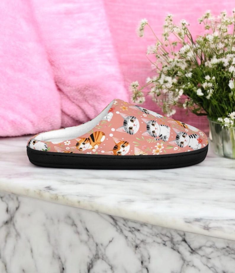 Pink Cat Print Womens Slippers, Cozy Indoor House Shoes With Cute Tabby ...