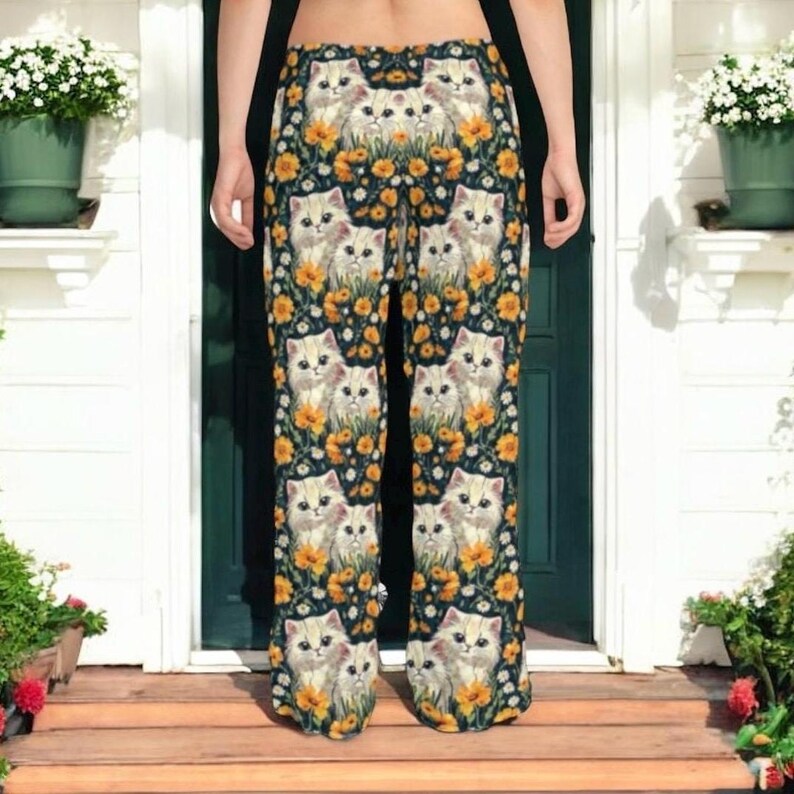 Persian Cat Pajama Pants for Women With Floral Print, Cute Cottagecore ...