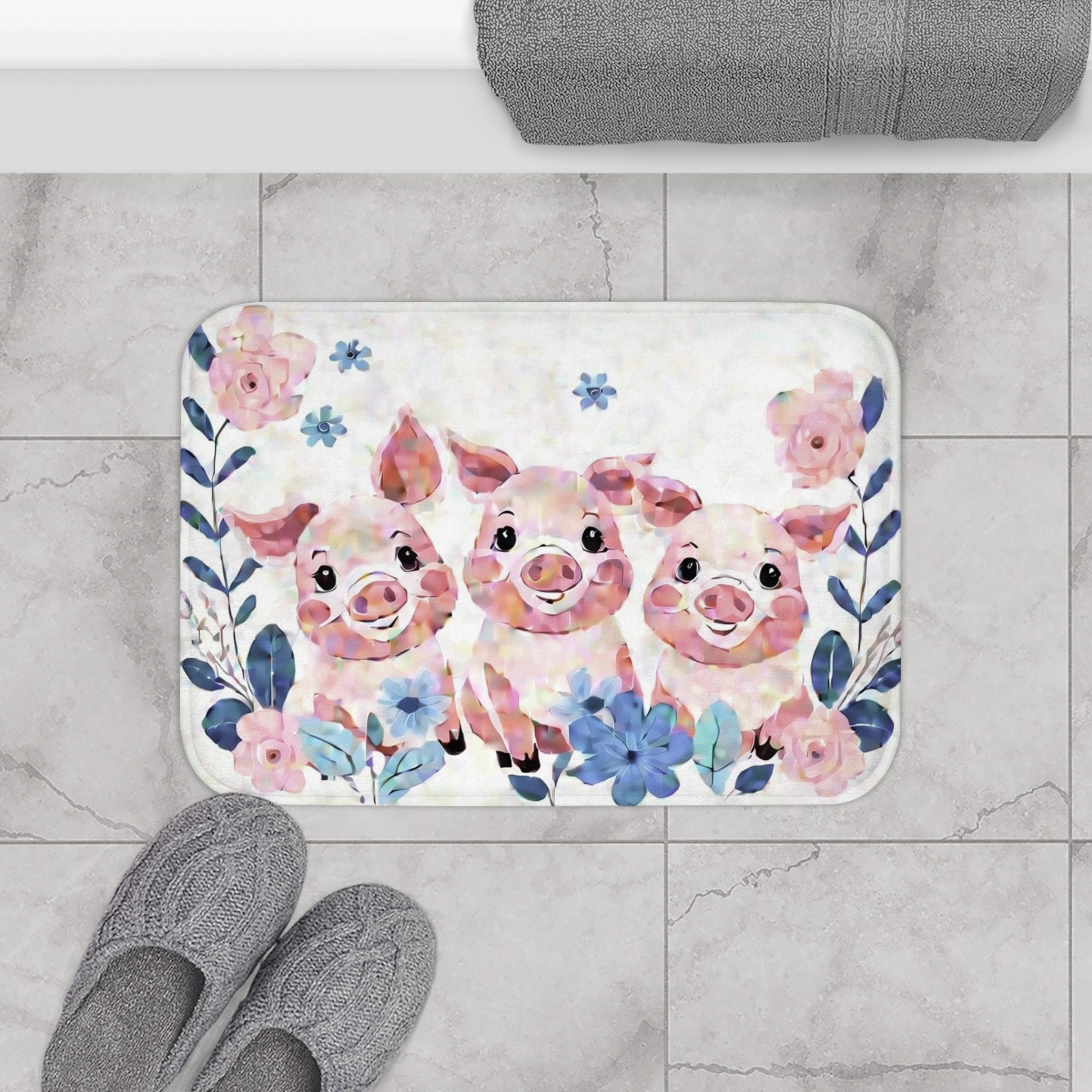 Pastel Three Little Pigs Bath Mat, Pig Rug, Pig Bath Decor, Pig Love ...