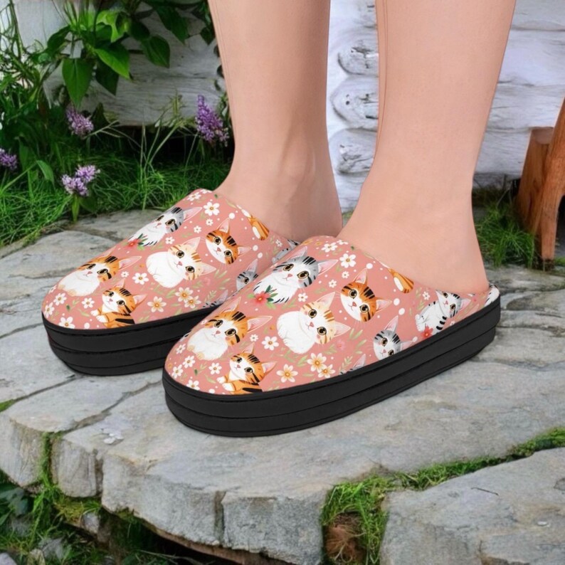 Pink Cat Print Womens Slippers, Cozy Indoor House Shoes With Cute Tabby ...