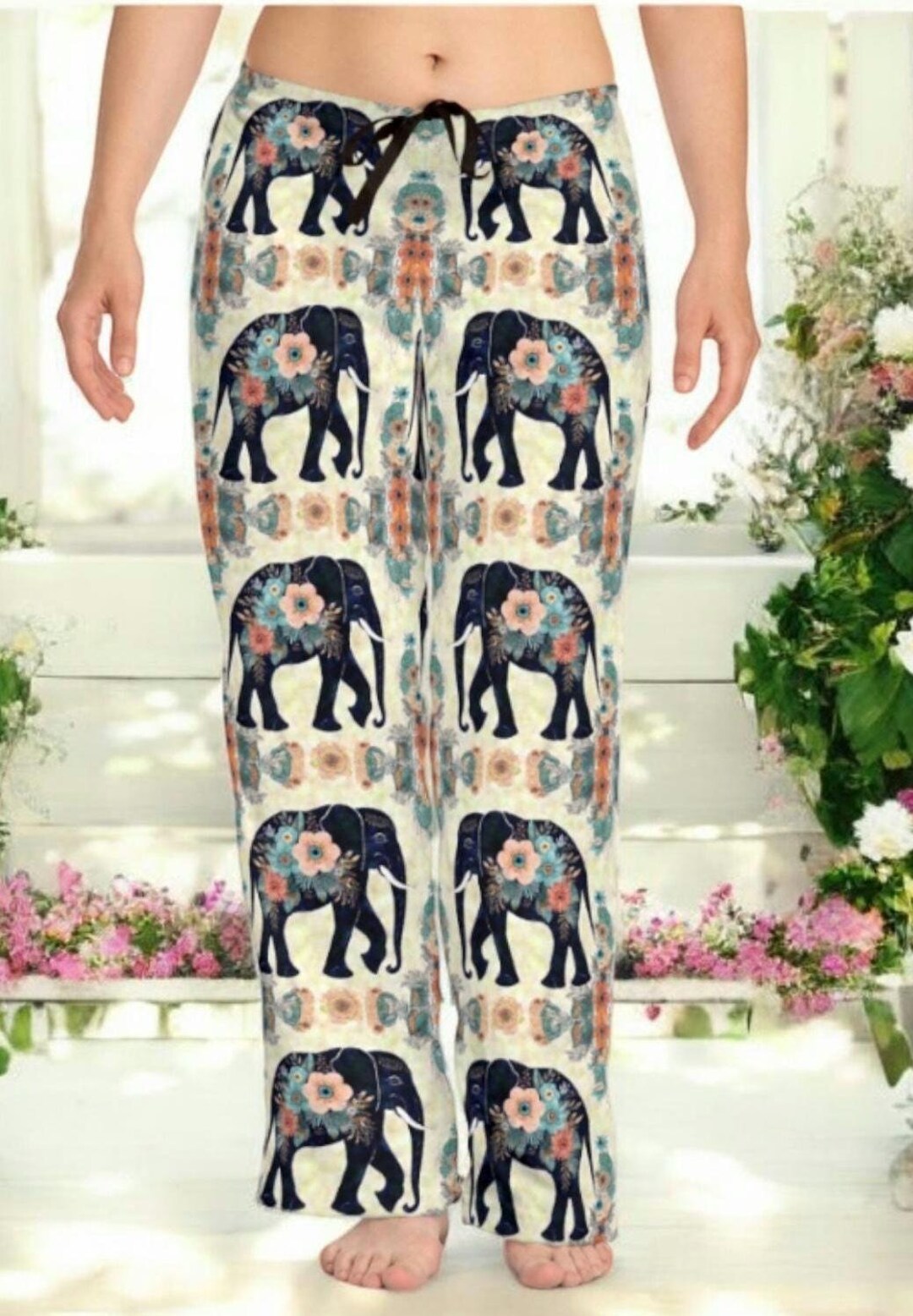 Artistic Boho Elephant Print Women's Pajama Pants, Drawstring Waist ...